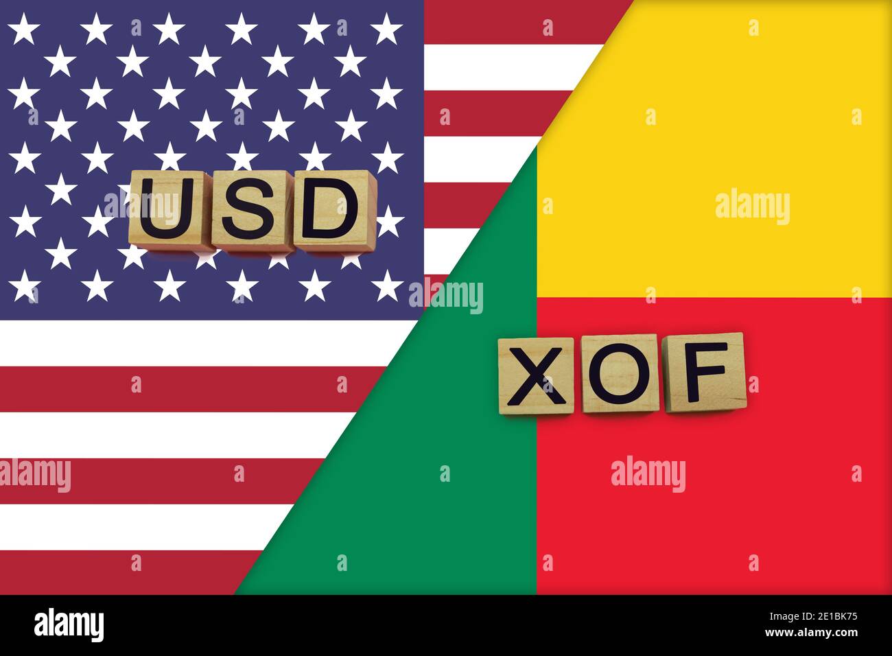 USA and Benin currencies codes on national flags background ...