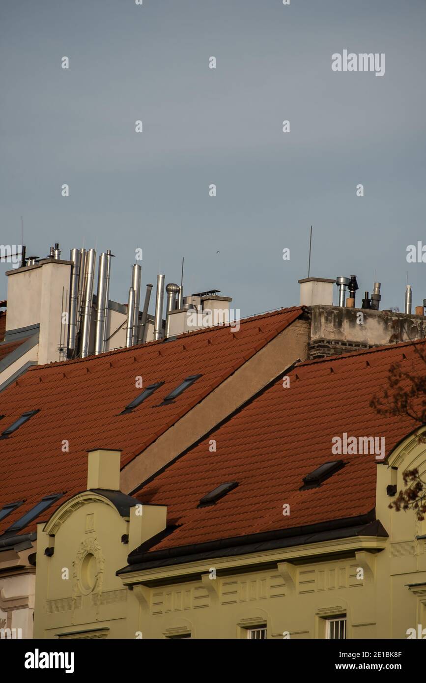 Roofs and chimneys at the old and high quality buildings in the ...