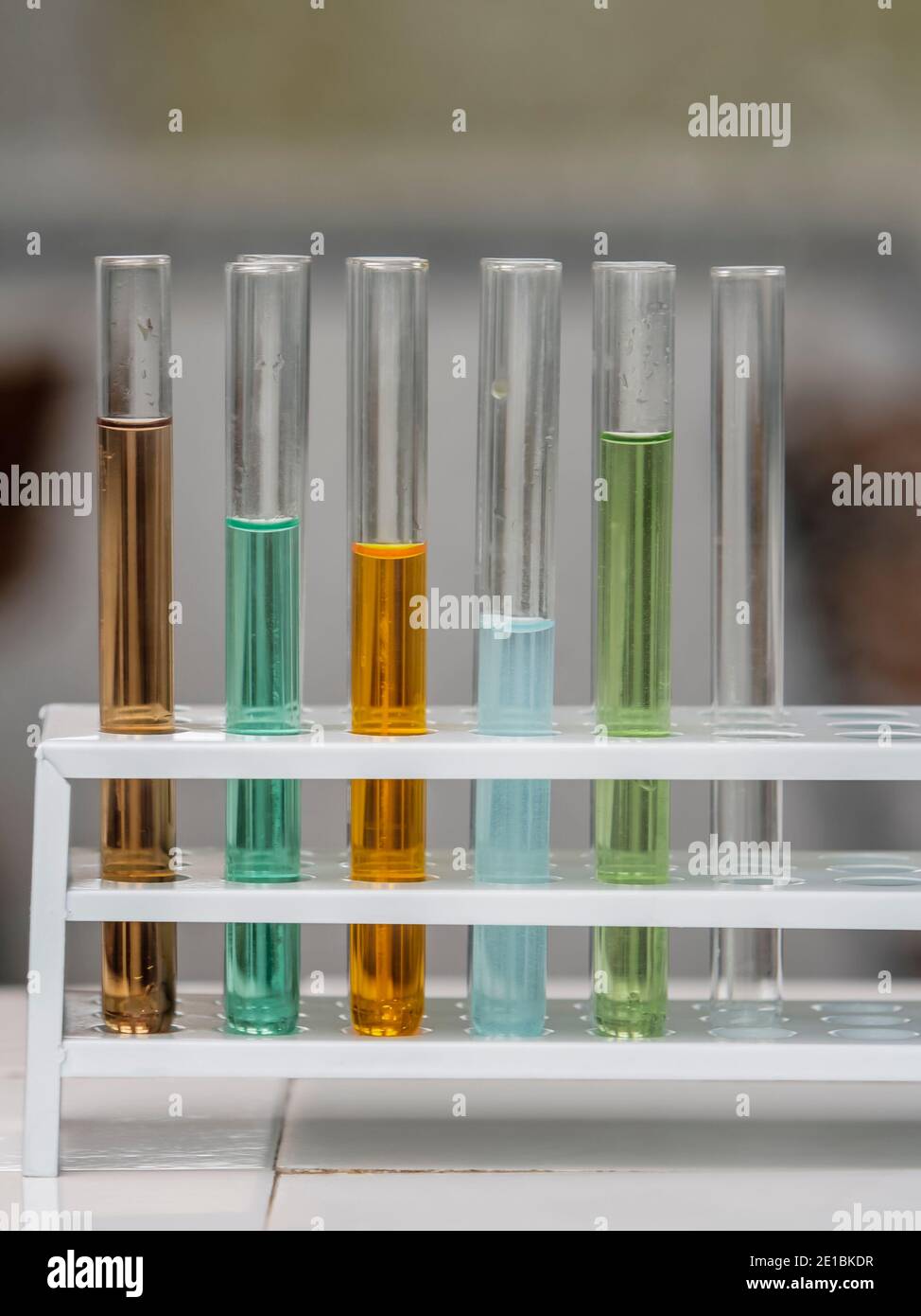 Image of test tubes with colorful solutions are placed in a rack in a ...