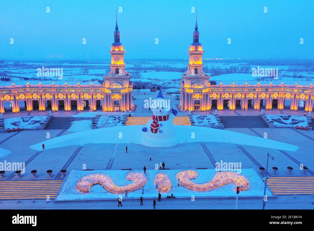 An enormous snowman with the height of 18 meters stands in front of the ...