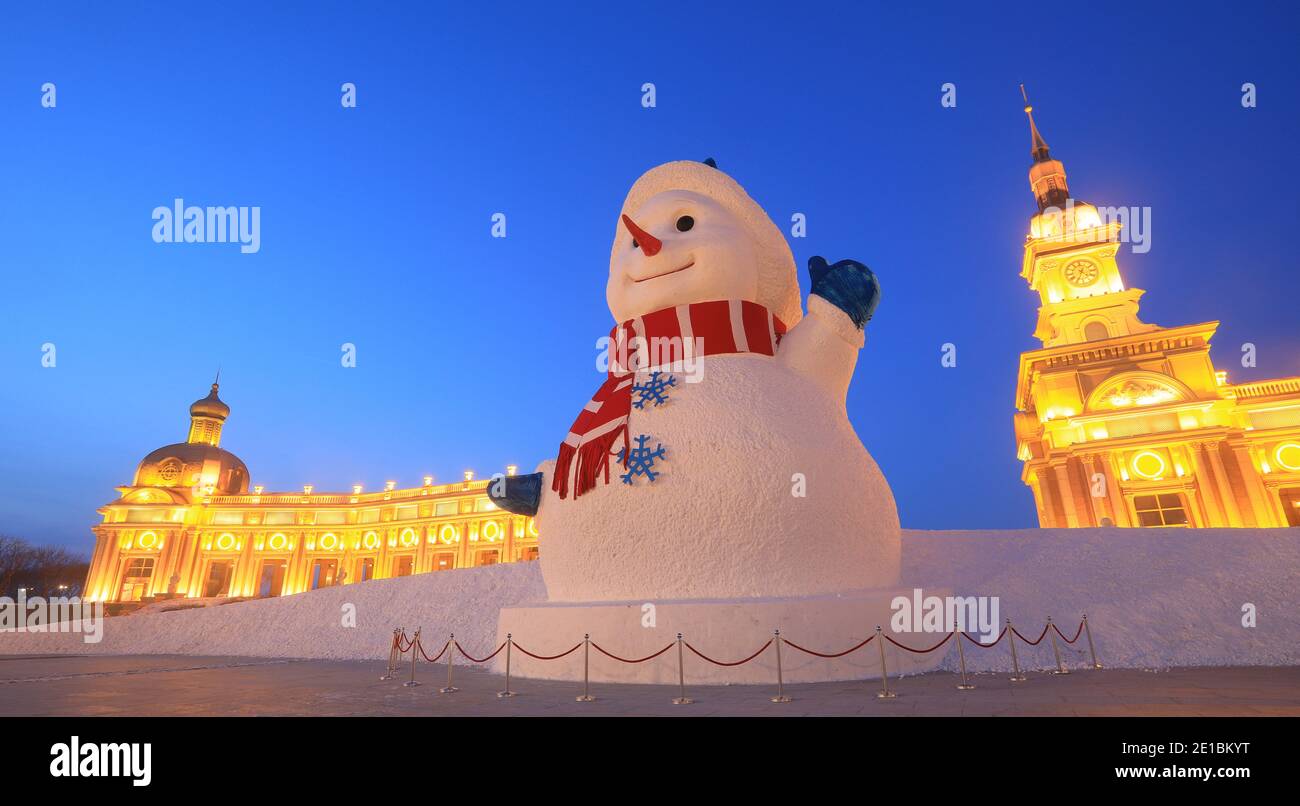 An enormous snowman with the height of 18 meters stands in front of the ...
