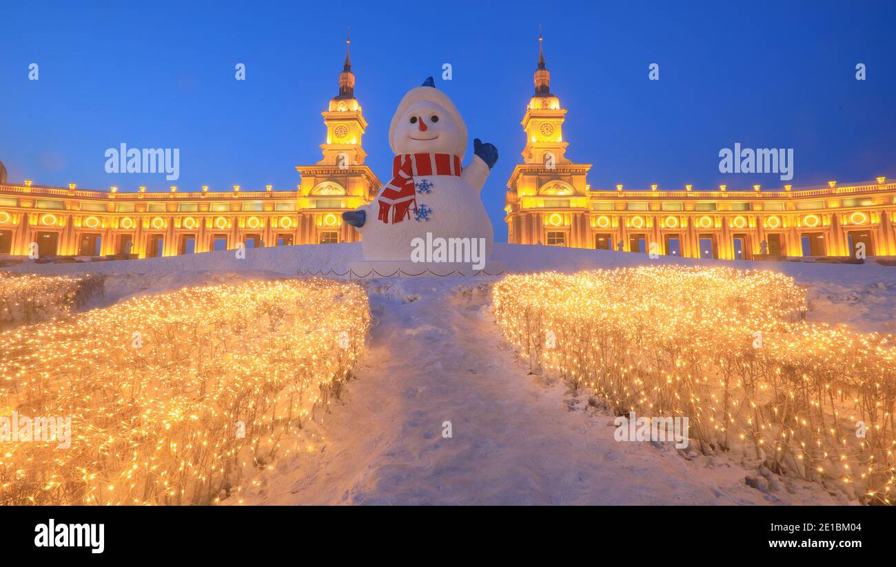 An enormous snowman with the height of 18 meters stands in front of the ...