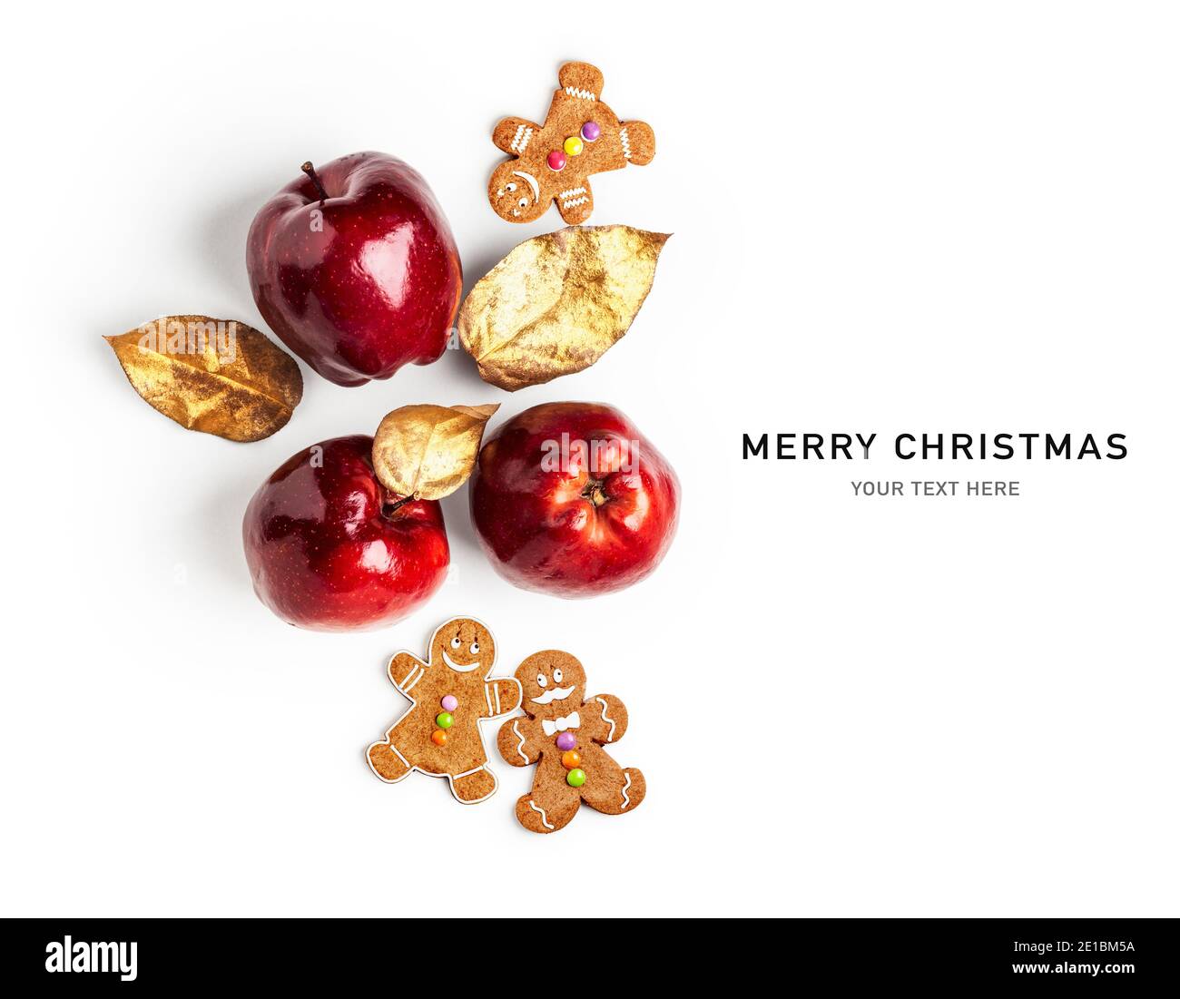 Gingerbread men, red apples and gold leaves isolated on white ...