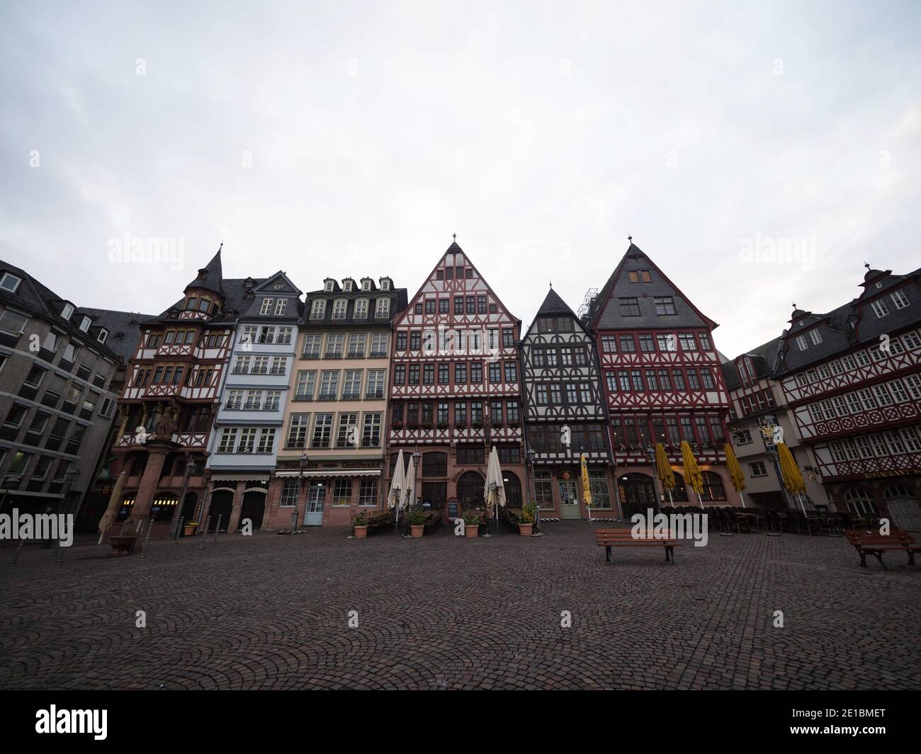 Early morning panorama of traditional half-timbered old houses ...