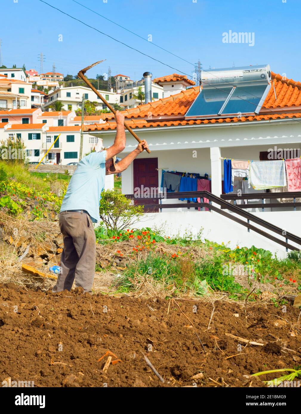 MADEIRA ISLAND, PORTUGAL - JANUARY 15, 2020: Man working on a field ...