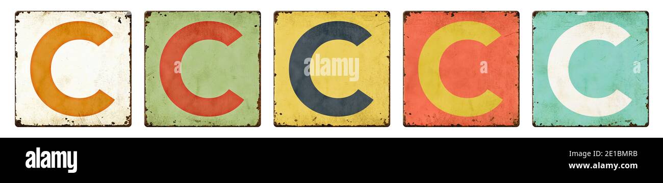 Five vintage tin signs on a white background - Letter C Stock Photo - Alamy