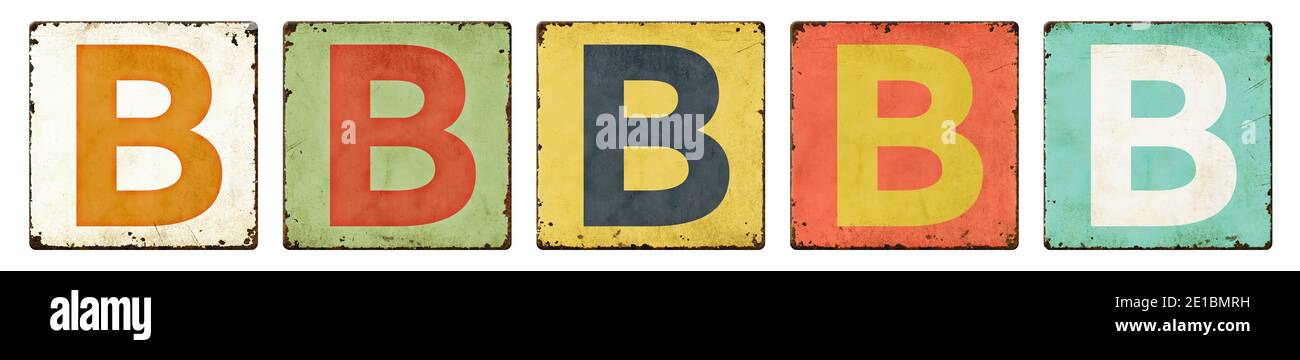 Five vintage tin signs on a white background - Letter B Stock Photo - Alamy