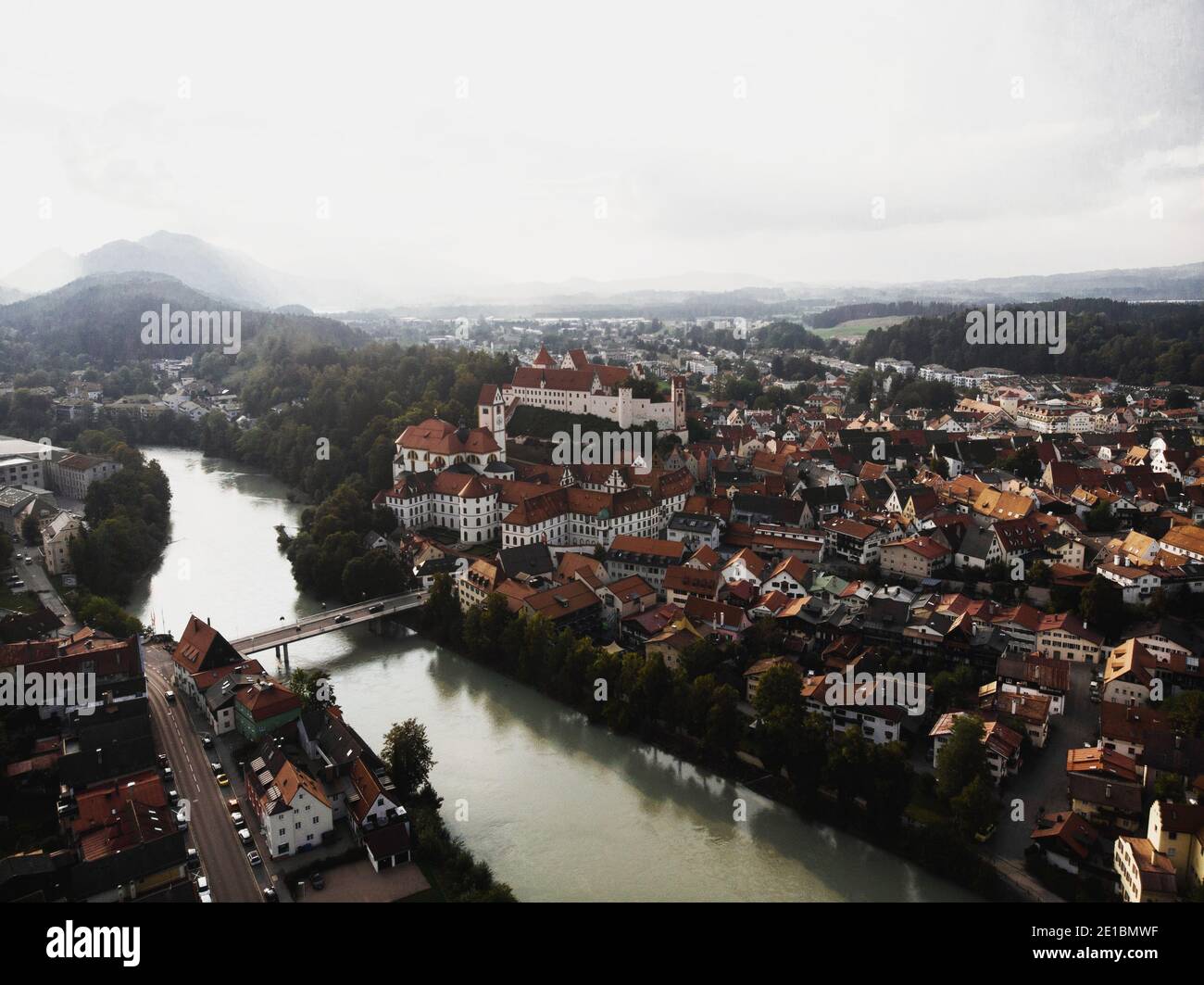Aerial panorama of historic old town centre of Fuessen Fussen Hohes ...