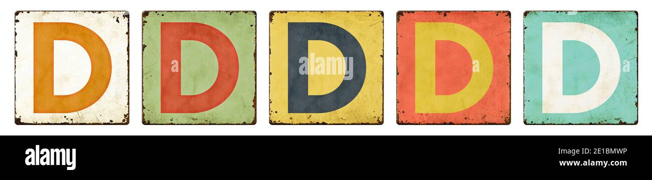 Five vintage tin signs on a white background - Letter D Stock Photo - Alamy