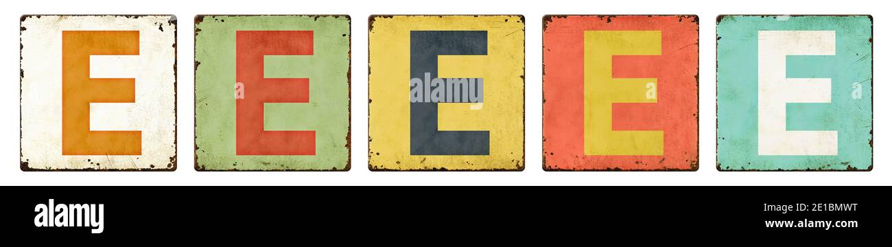Five vintage tin signs on a white background - Letter E Stock Photo - Alamy