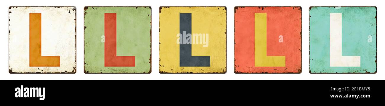 Five vintage tin signs on a white background - Letter L Stock Photo - Alamy