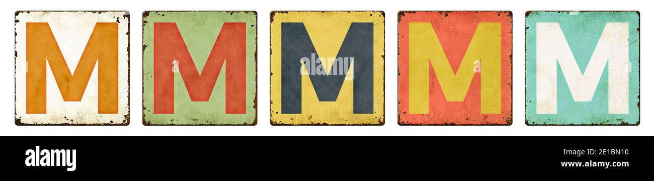 Five vintage tin signs on a white background - Letter M Stock Photo - Alamy