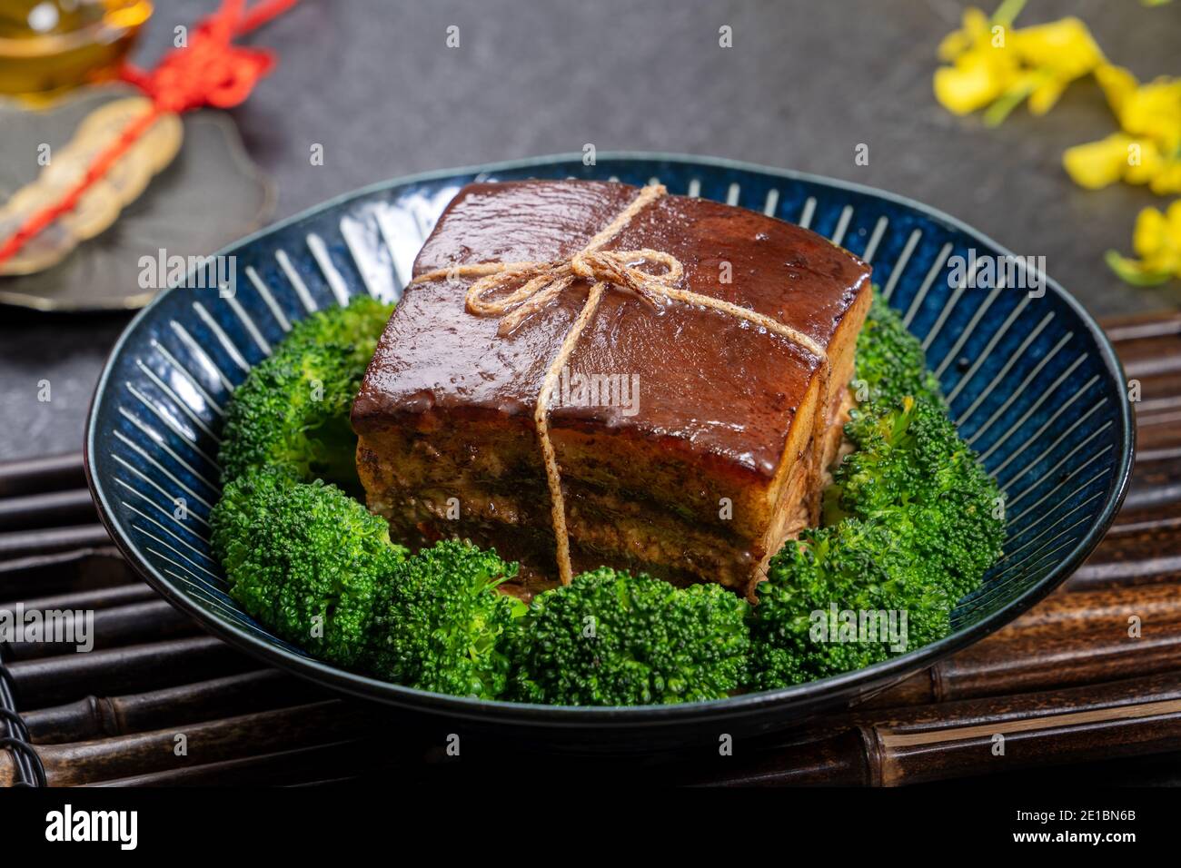 Dong Po Rou (Dongpo pork meat) in a beautiful blue plate with green ...