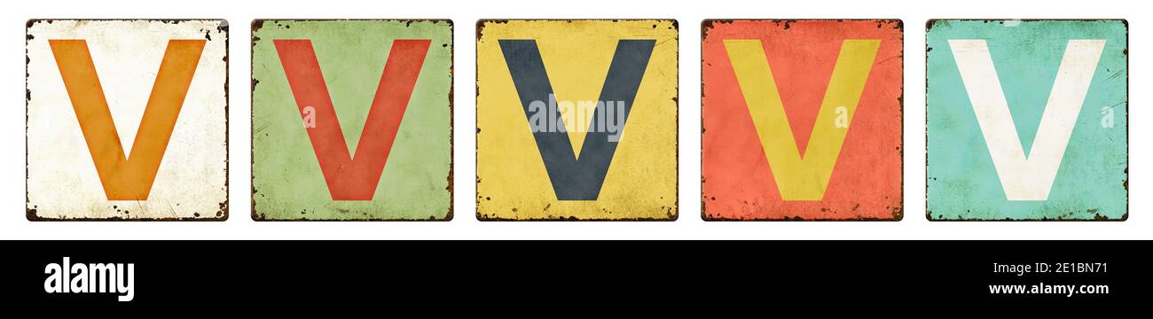 Five vintage tin signs on a white background - Letter V Stock Photo - Alamy