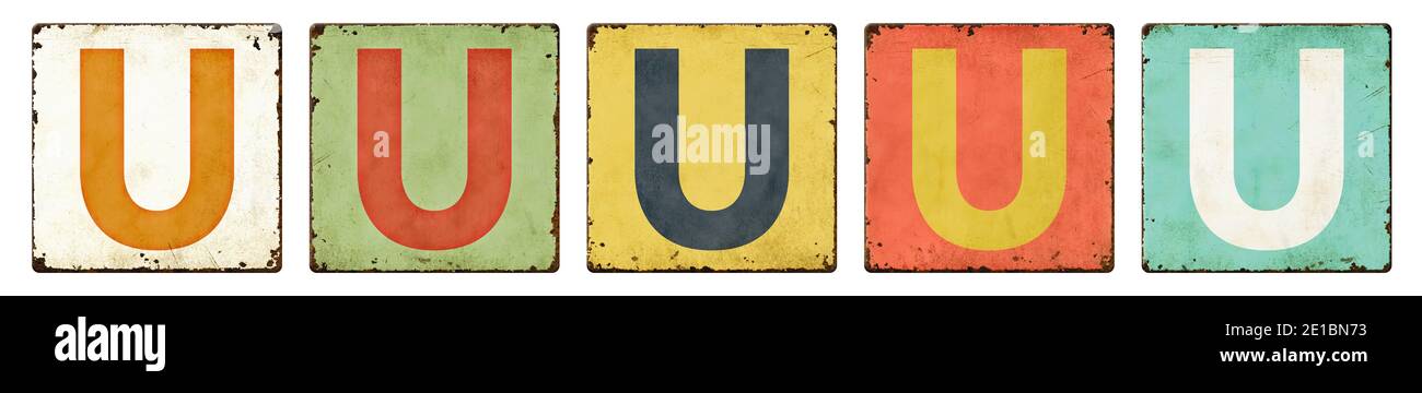 Five vintage tin signs on a white background - Letter U Stock Photo - Alamy