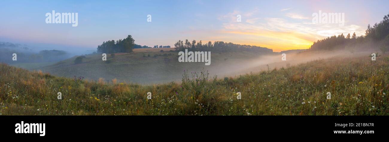 Beautiful summer hazy landscape with foggy hollow and green hills ...