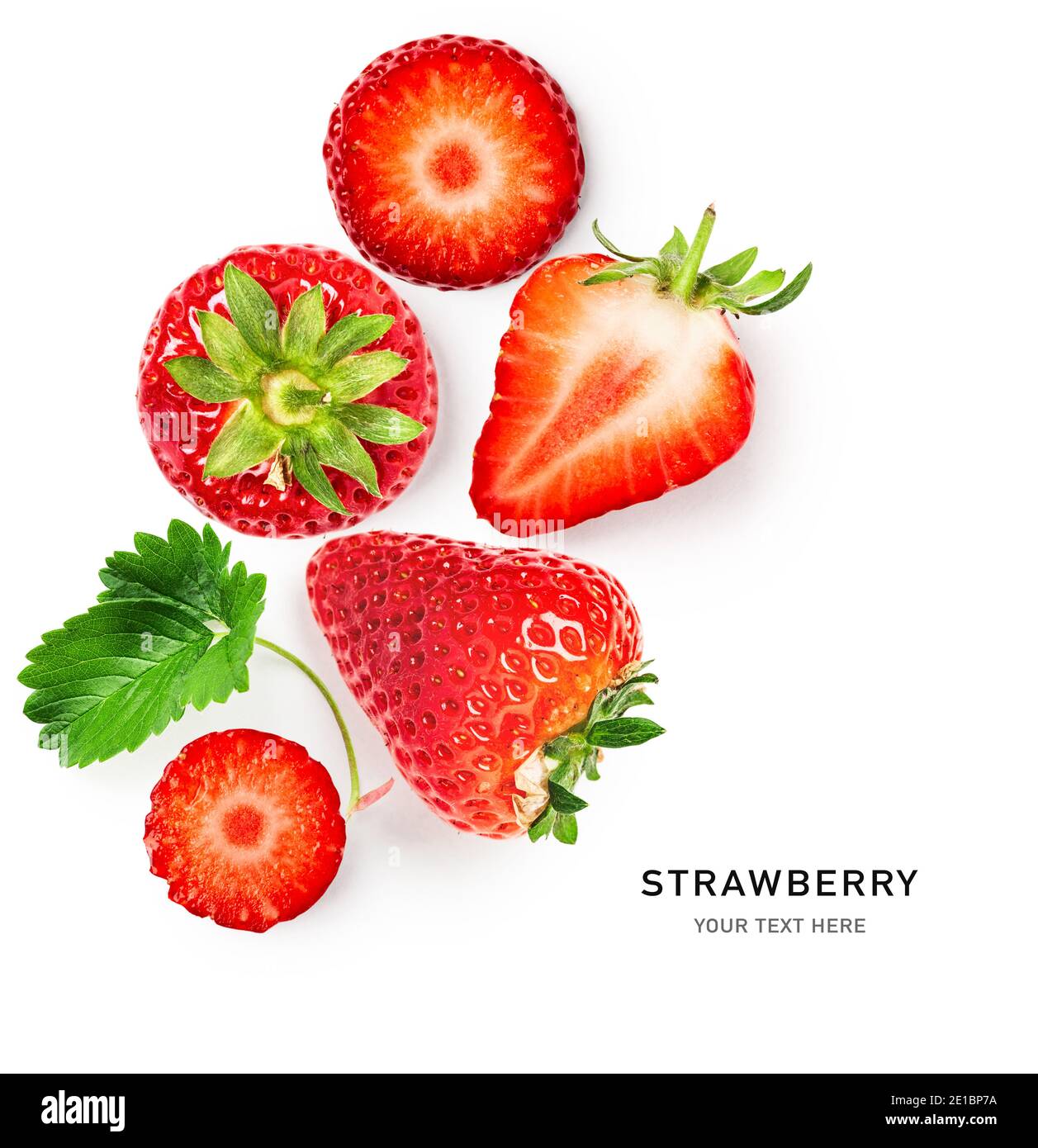 Fresh strawberry fruits and leaves composition and creative layout ...