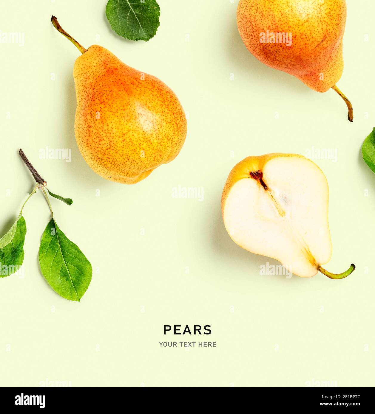 Pear fruit and leaves composition and creative layout isolated on green ...