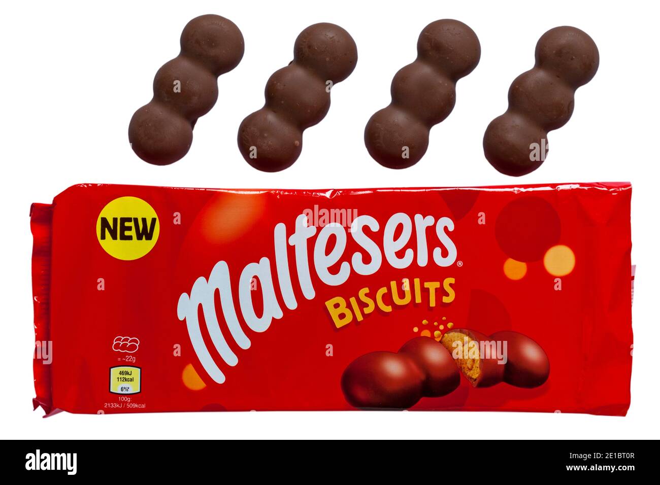 Packet of new Maltesers Biscuits opened to show contents set on white ...