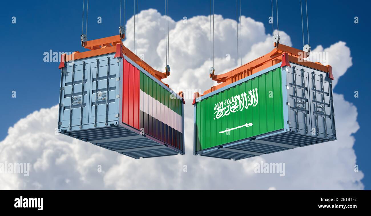 Freight containers with Saudi Arabia and United Arab Emirates national ...