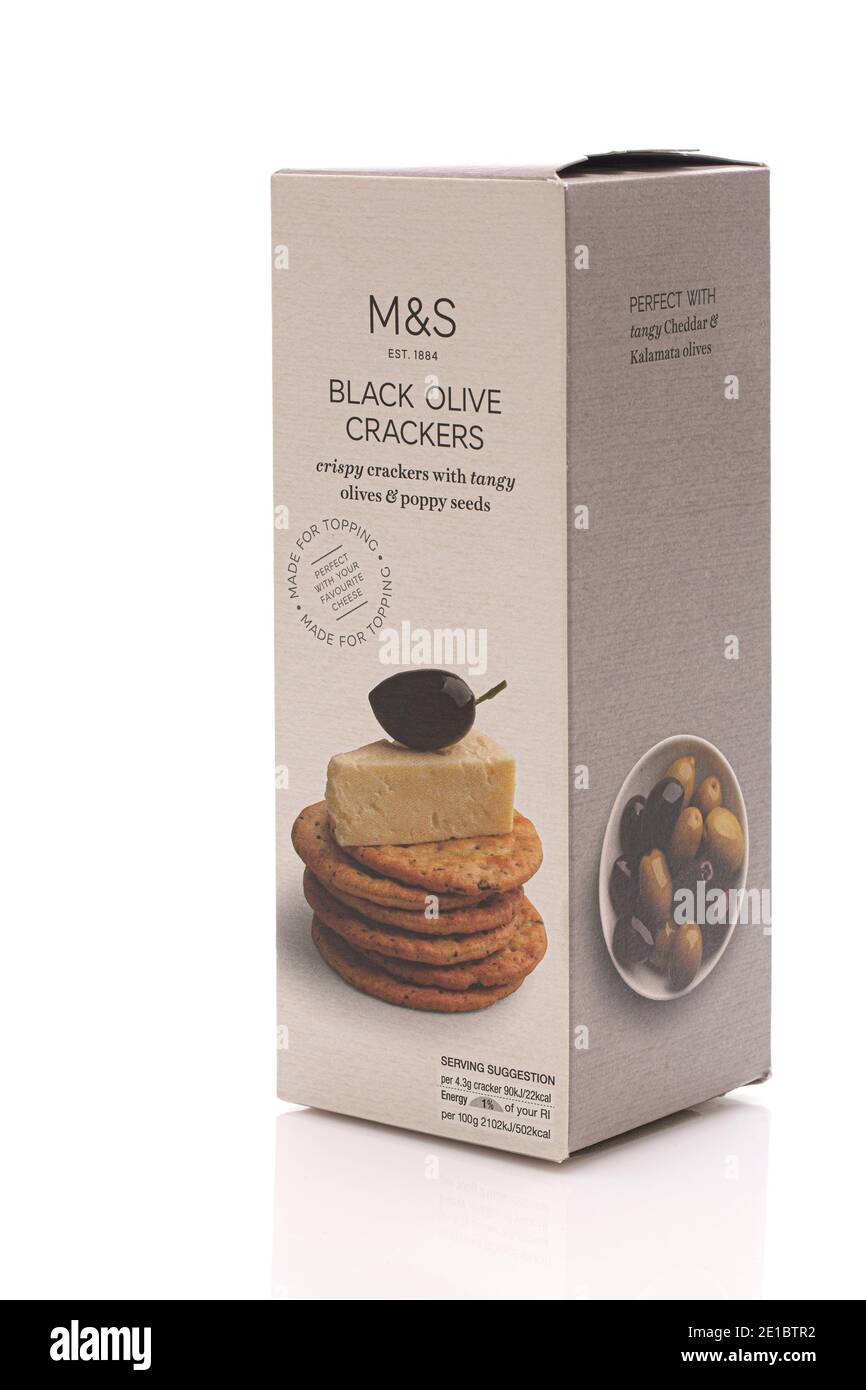 SWINDON, UK - JANUARY 6, 2021: Packet of M&S Black Olive crackers with ...