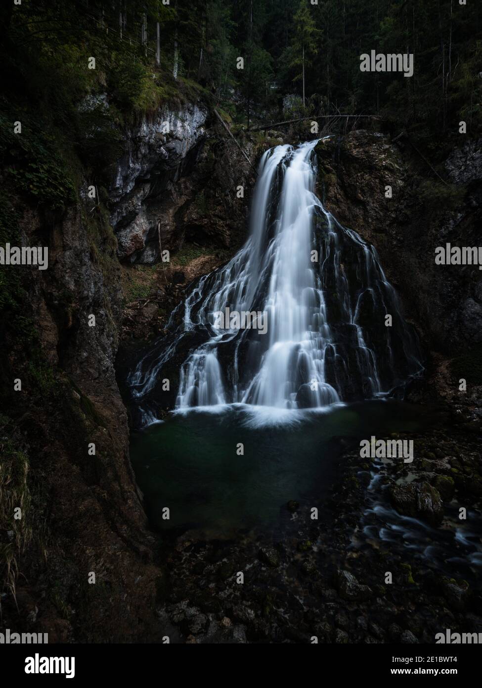 Long exposure panorama of clear Gollinger Wasserfall waterfall ...