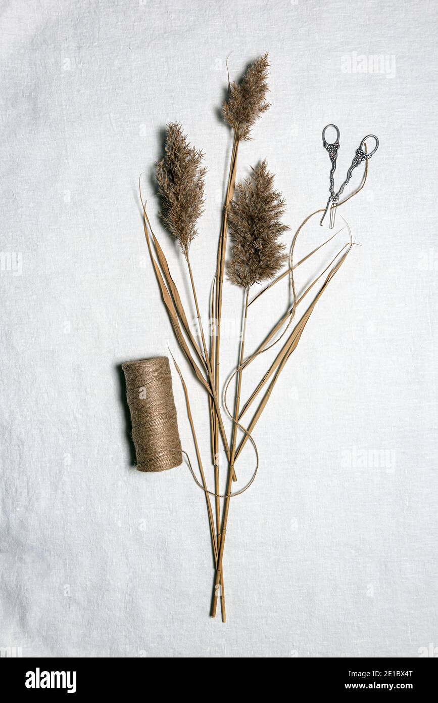 Handmade simple bouquet with natural dried reed flowers, scissors and ...