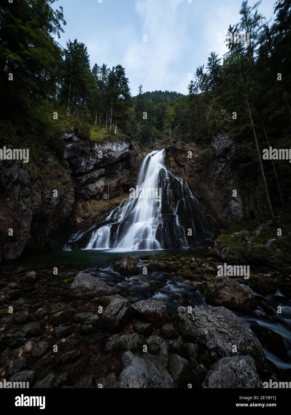 Long exposure panorama of clear Gollinger Wasserfall waterfall ...