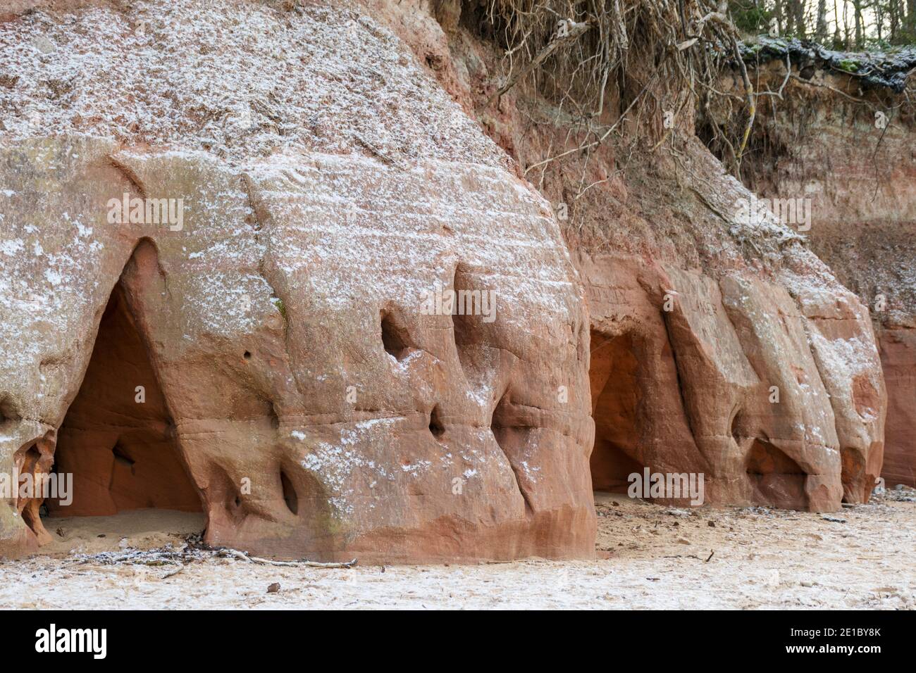 Sea cliff with Devonian sandstone outcrops. During the storm, niches ...