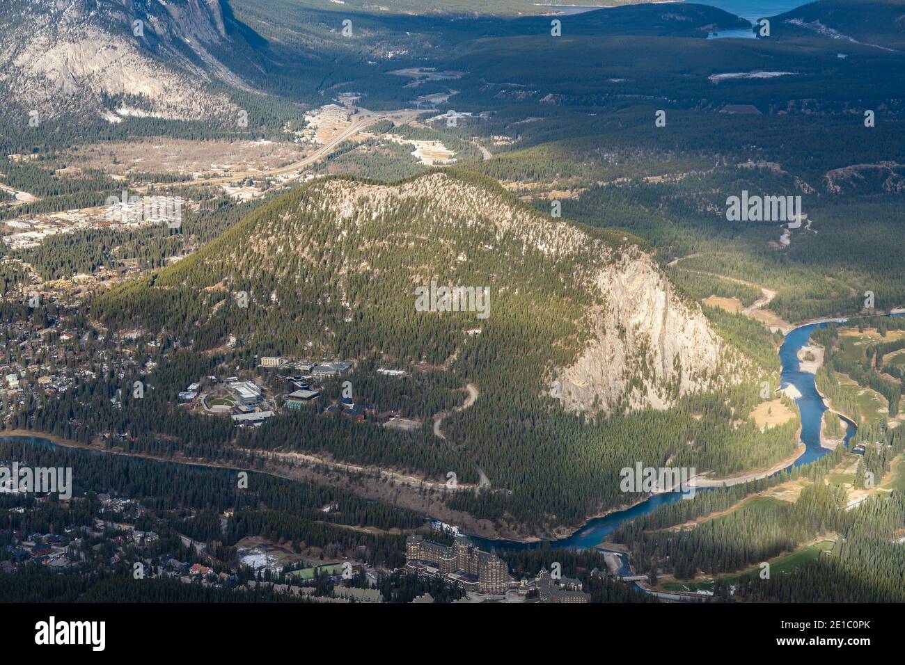 Aerial view of Tunnel Mountain and Town of Banff. Banff National Park ...