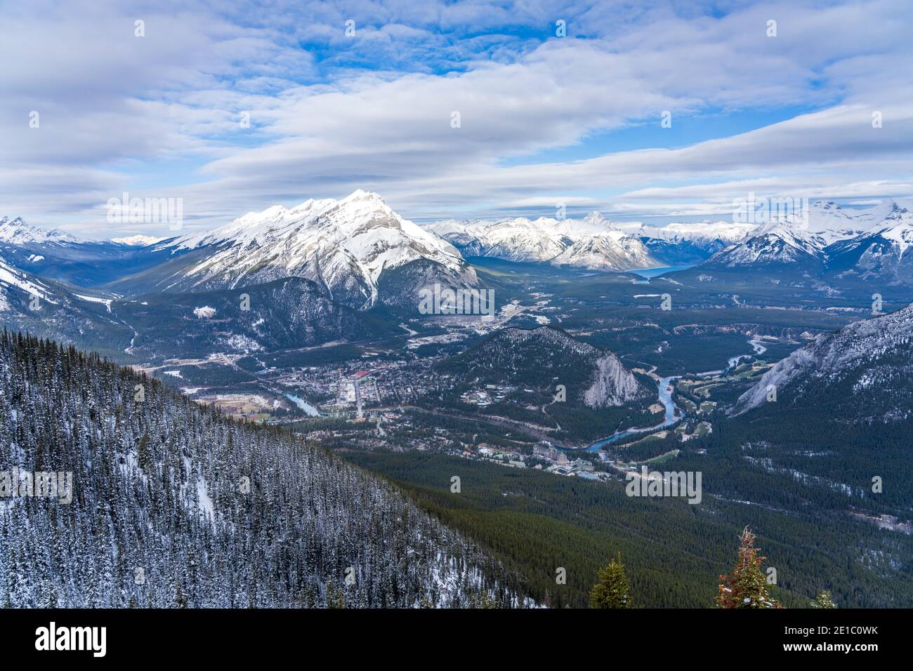 Overlook view Town of Banff, Cascade Mountain and surrounding snow ...