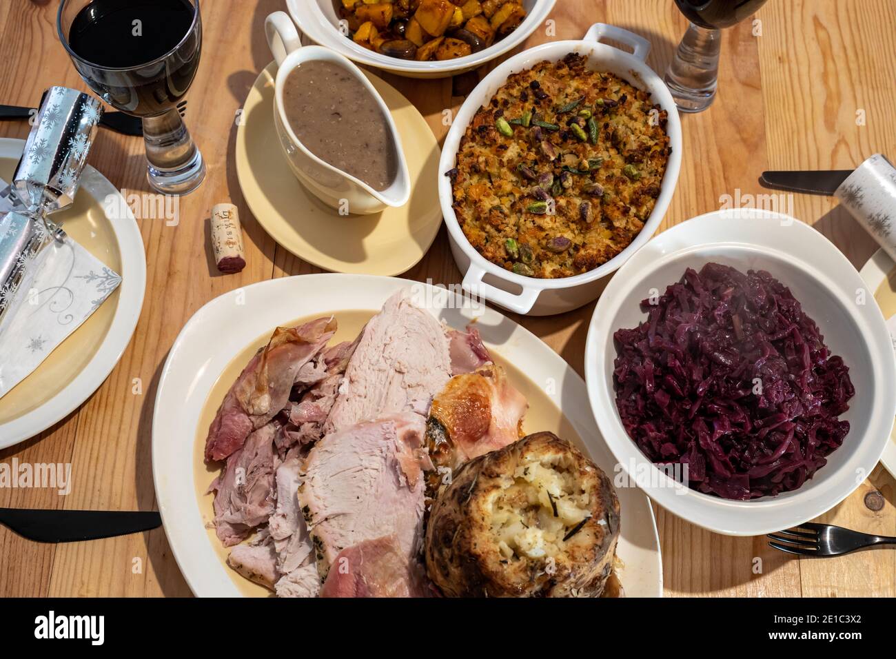 Traditional Christmas lunch/dinner with turkey,red cabbage and other ...