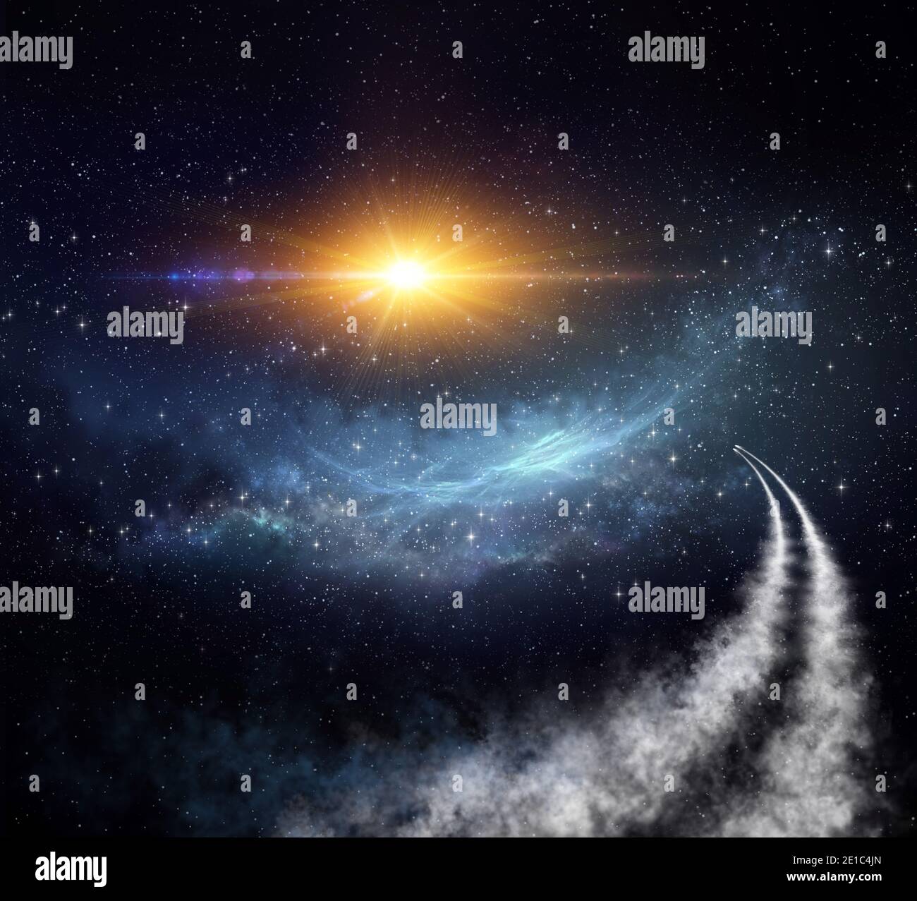 Spaceships traveling in universe toward nebula and stars clusters for ...