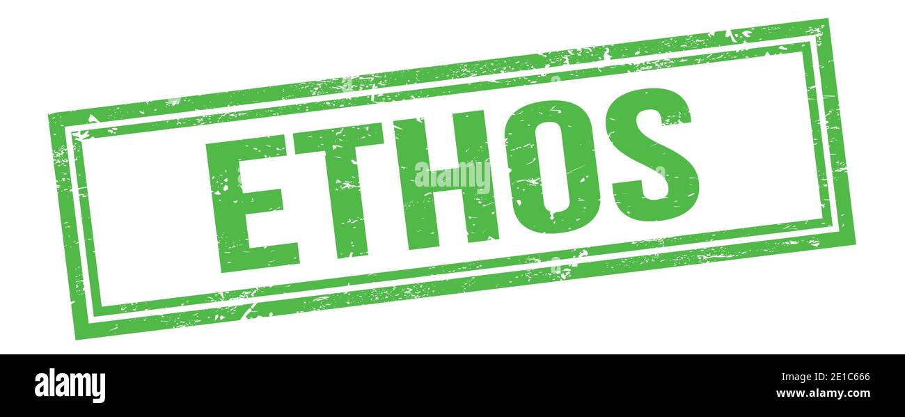 ETHOS text on green grungy vintage rectangle stamp Stock Photo - Alamy