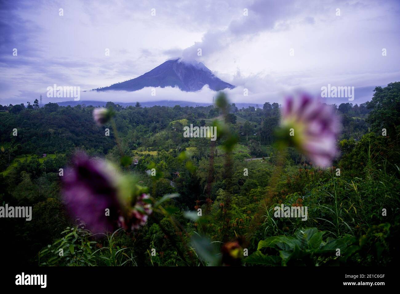Sinabung volcano landscape seen from Tiga Pancur village in Karo, North ...