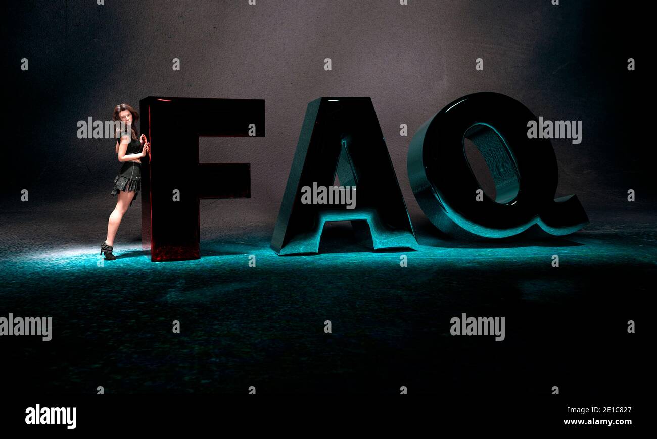 Girl leaning on FAQ text at dark background. Three-dimensional ...