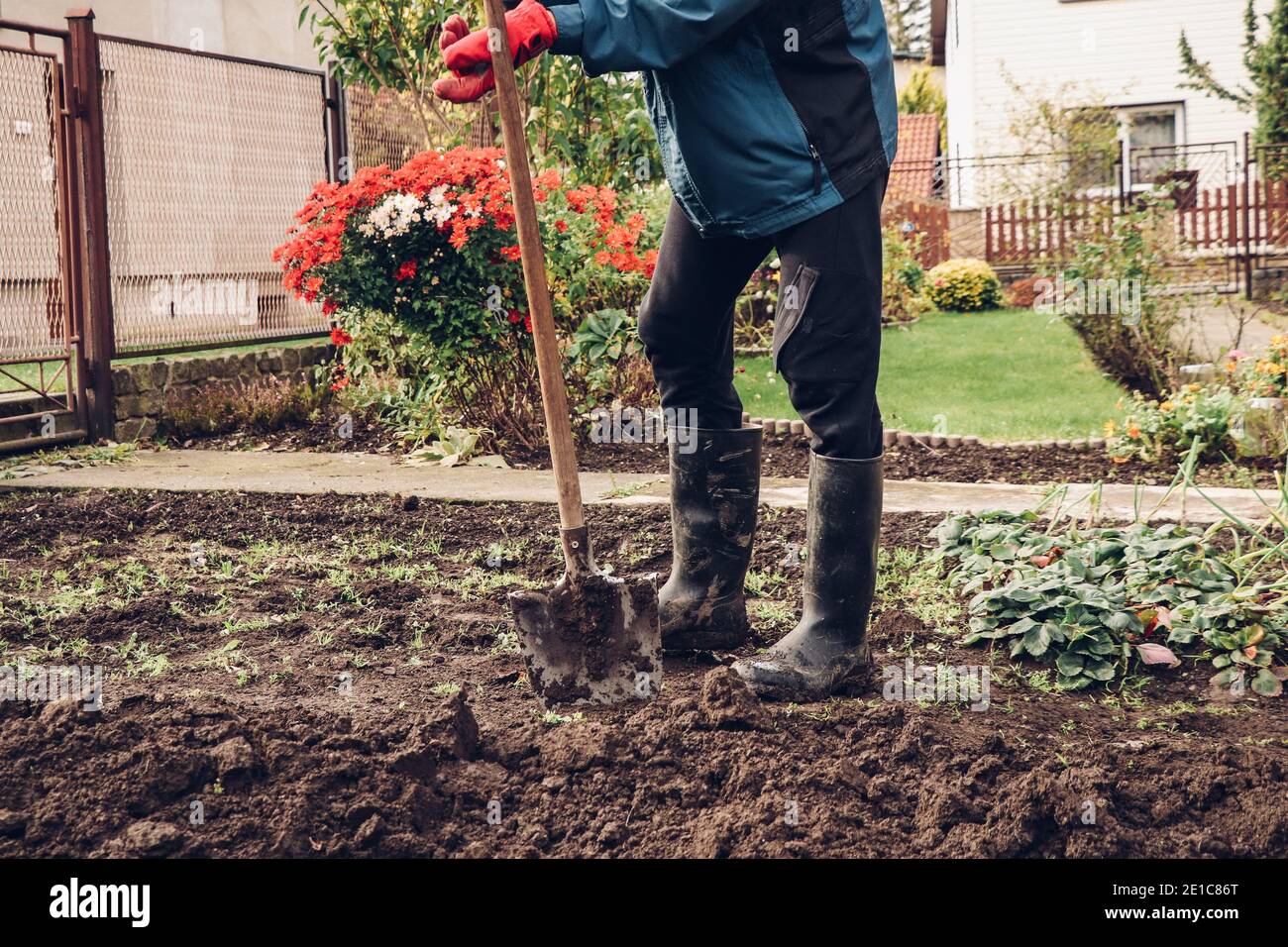 short break from hard manual work with a spade. A man in work clothes ...