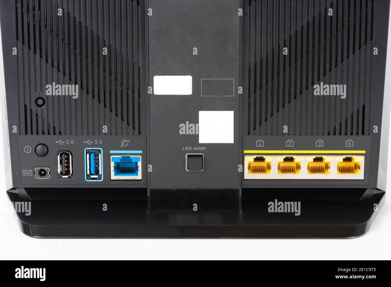Rear view of gigabit dual-band Wi-Fi router. Wireless device with five ...