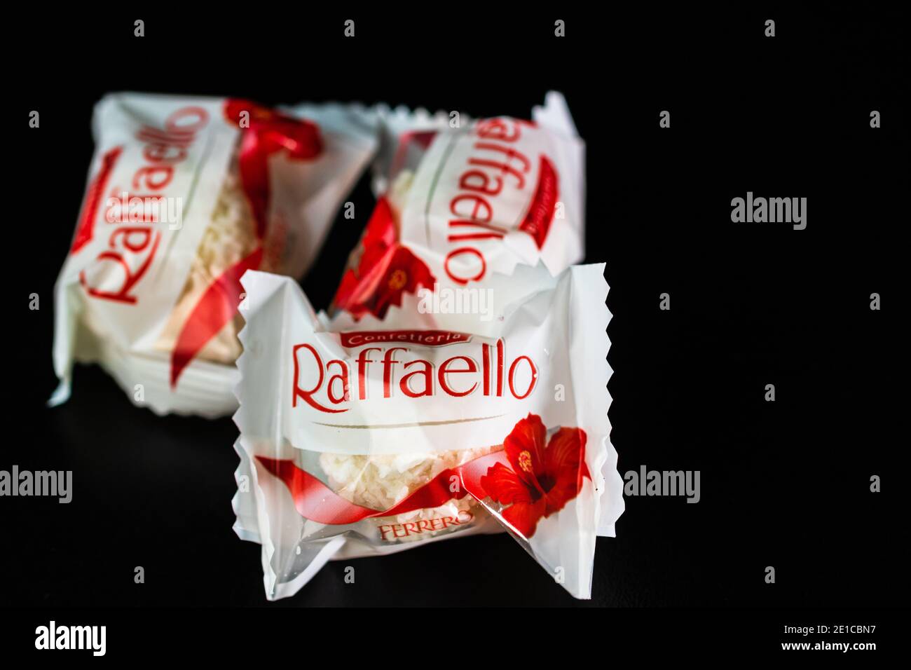 Ferrero Raffaello white candy with coconut flakes isolated. Bucharest ...