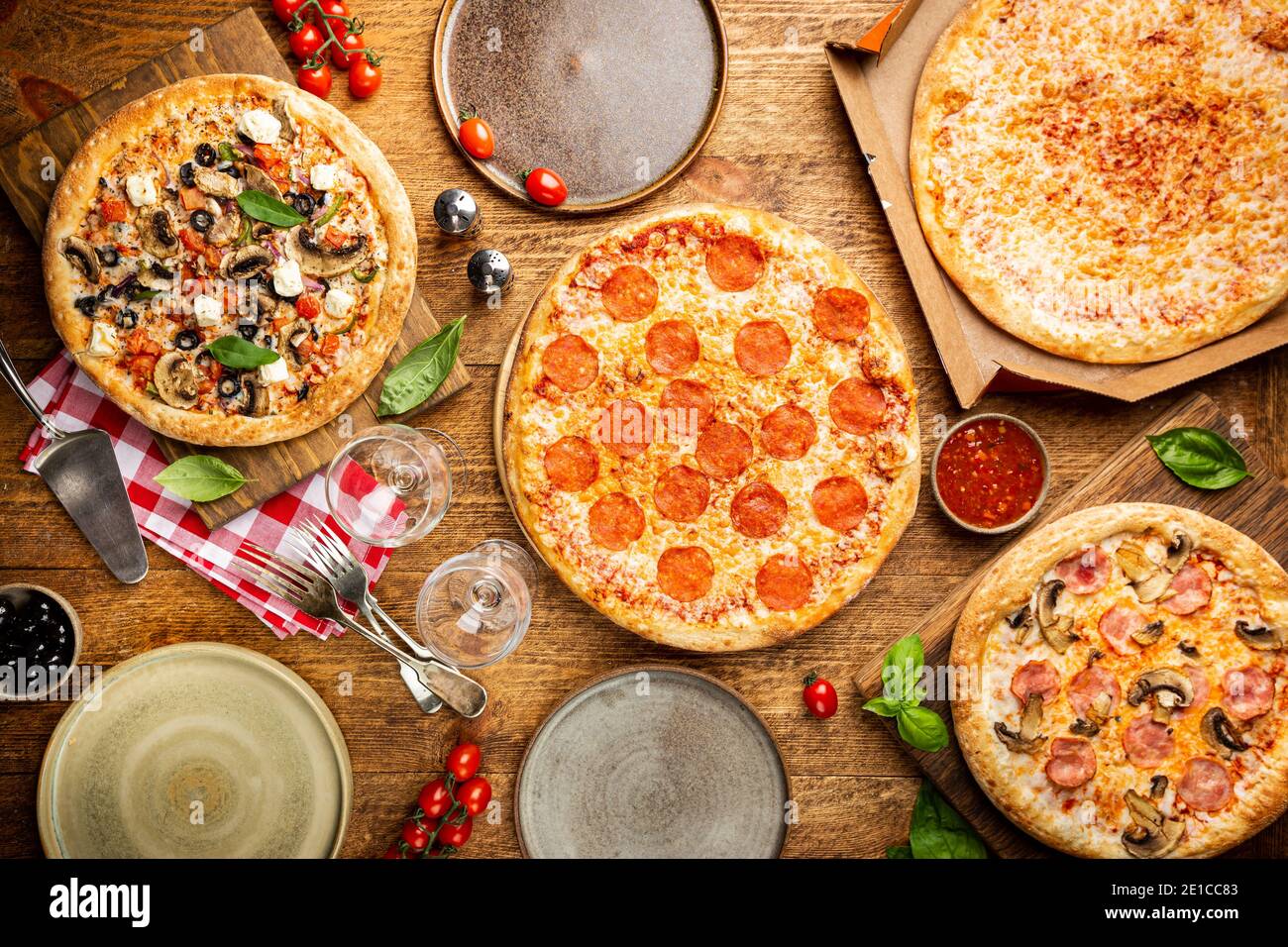 Family or friends pizza party. Flat-lay of different types of pizza and ...