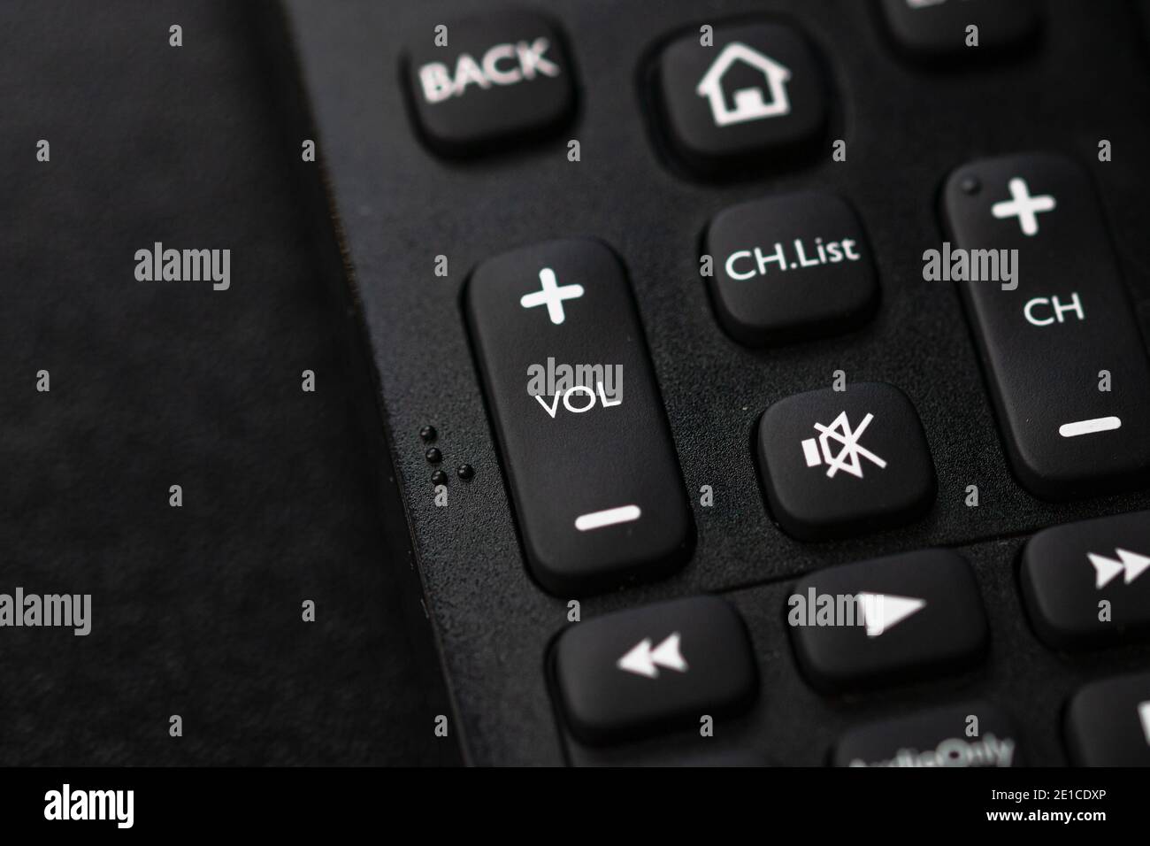 Selective focus, details of TV remote control buttons. Bucharest ...