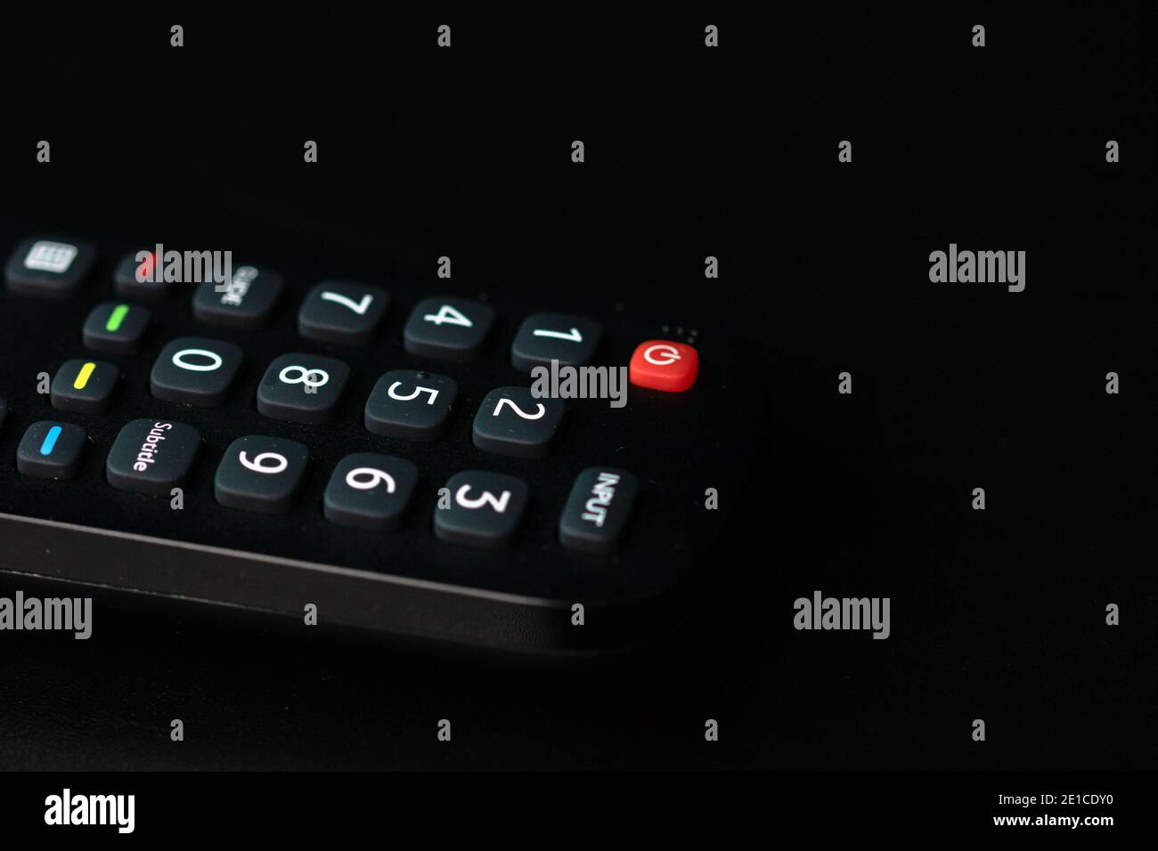 Selective focus, details of TV remote control buttons. Bucharest ...