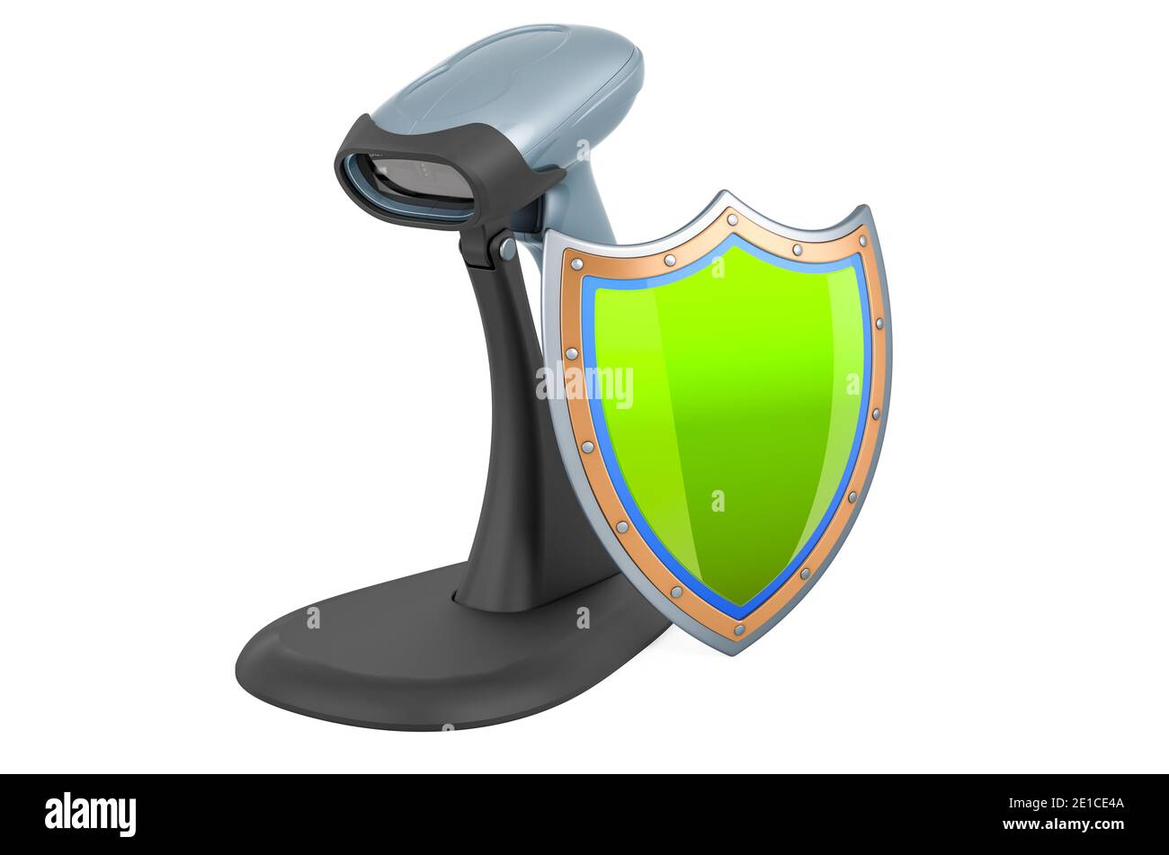 Bar code scanner with shield, 3D rendering isolated on white background ...