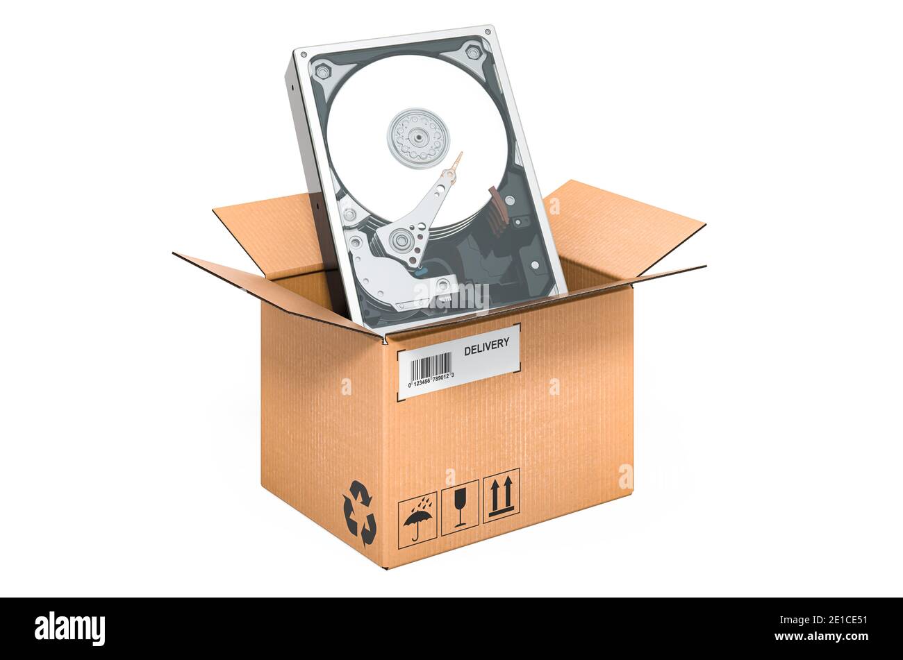 HDD inside cardboard box, delivery concept. 3D rendering isolated on ...