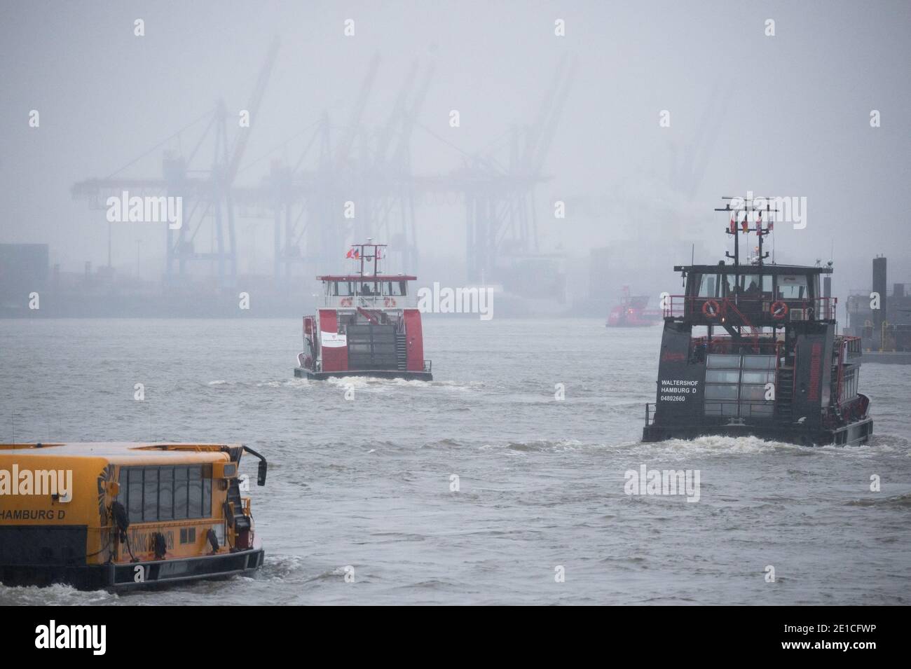 Hamburg, Germany. 06th Jan, 2021. Several HADAG ferries are sailing in ...
