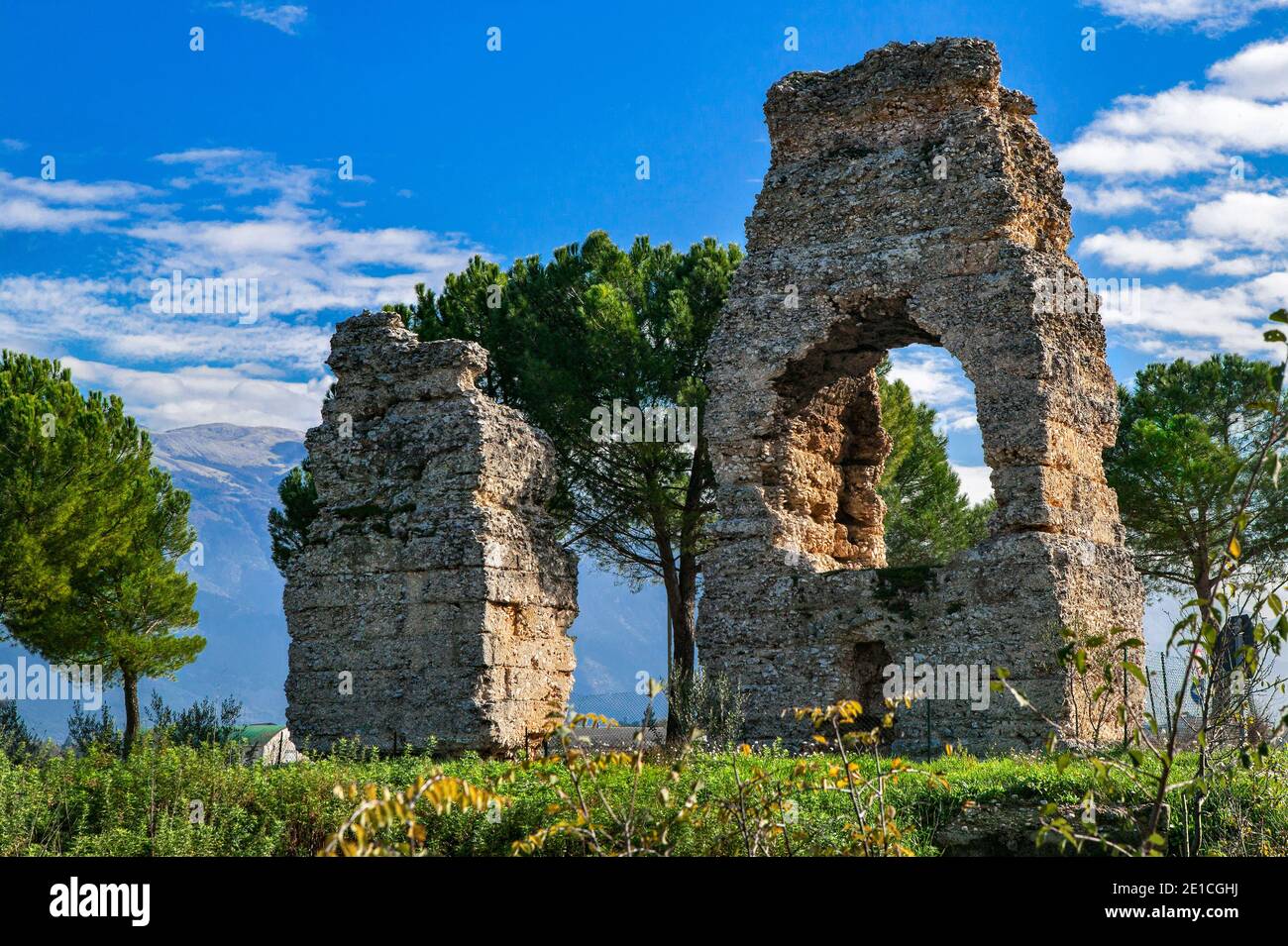 Ruins of the ancient walls of the city of Corfinio. Here the name Italy ...