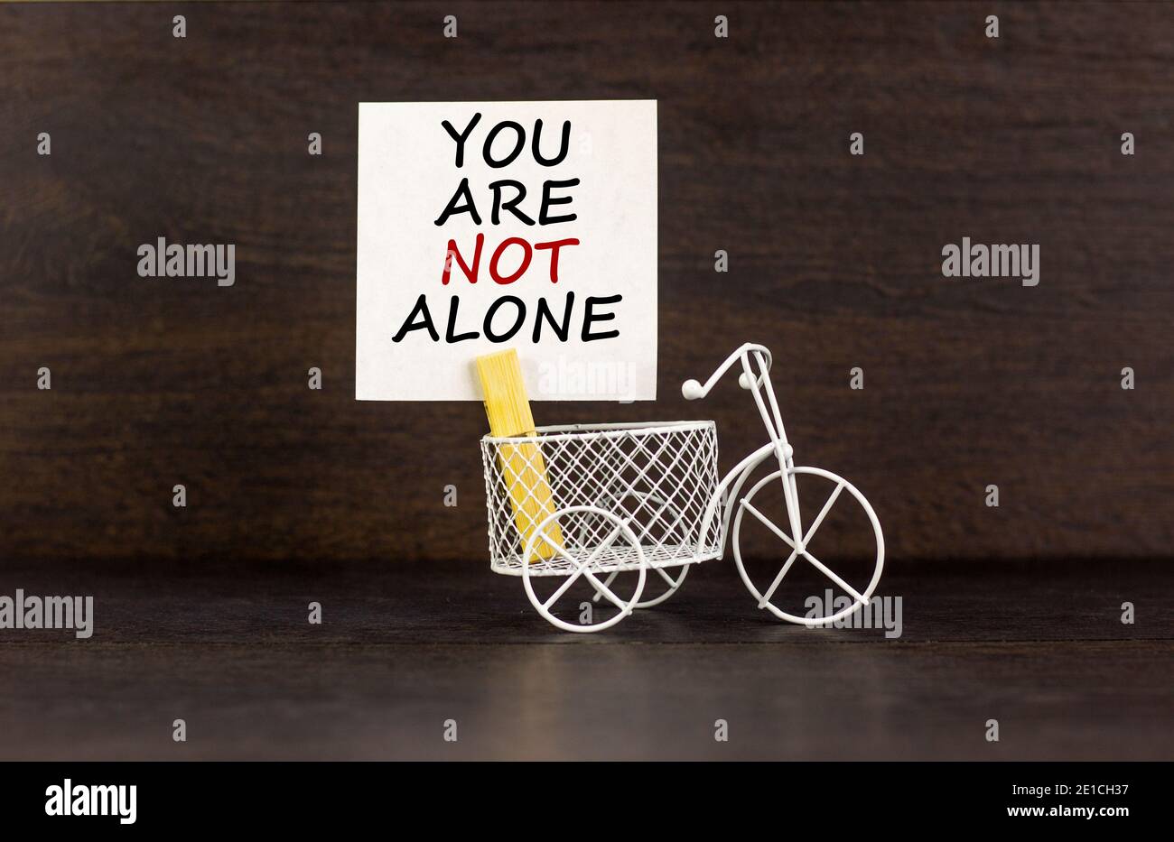 You are not alone symbol. Wooden clothespin with white paper. Words ...