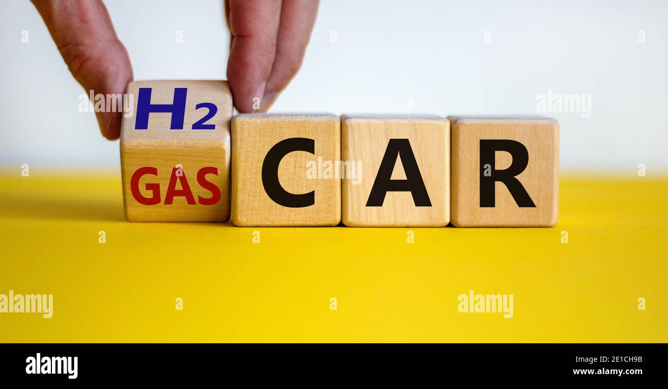 Gas car or H2 car symbol. Hand turns a cube and changes words 'gas car ...