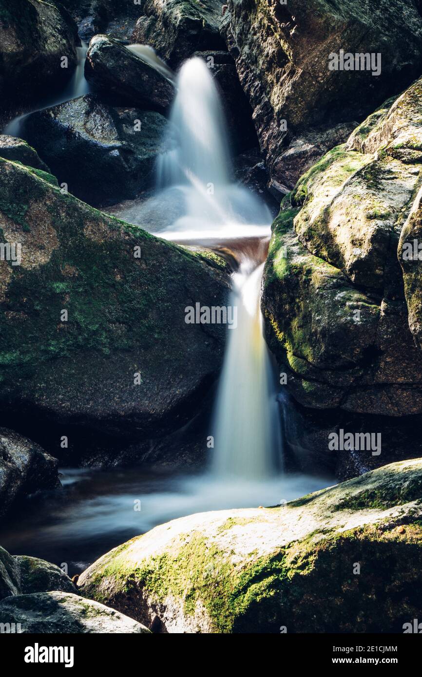 Two-stage waterfall on the river Jedlova in the Jizera Mountains, Czech ...