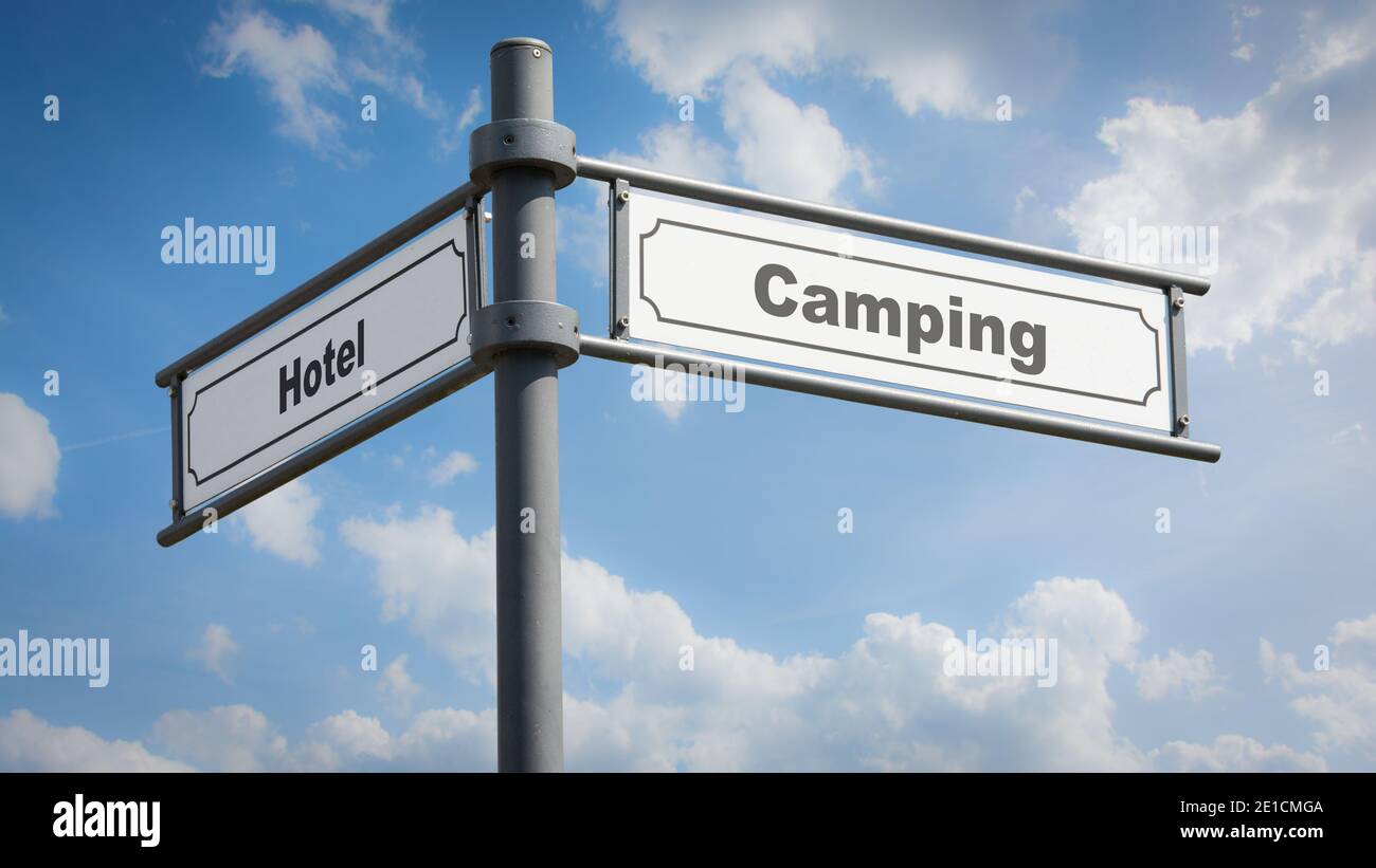 Street Sign the Direction Way to Camping versus Hotel Stock Photo - Alamy
